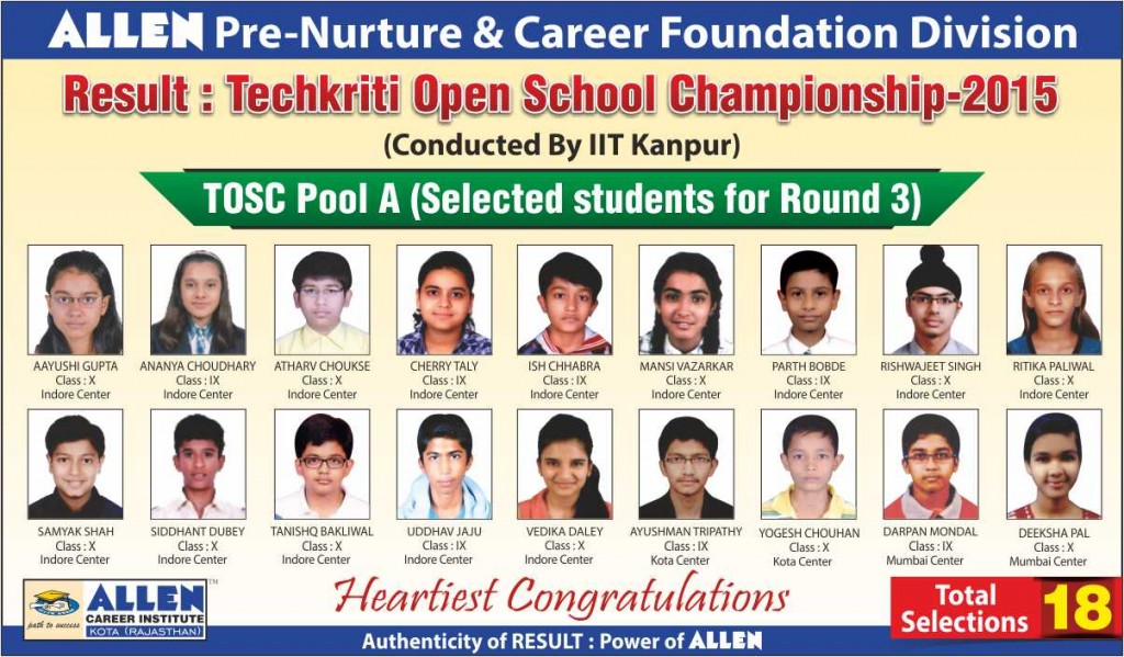 Techkriti Open school Championship 2nd Round Result Announced, ALLEN ...